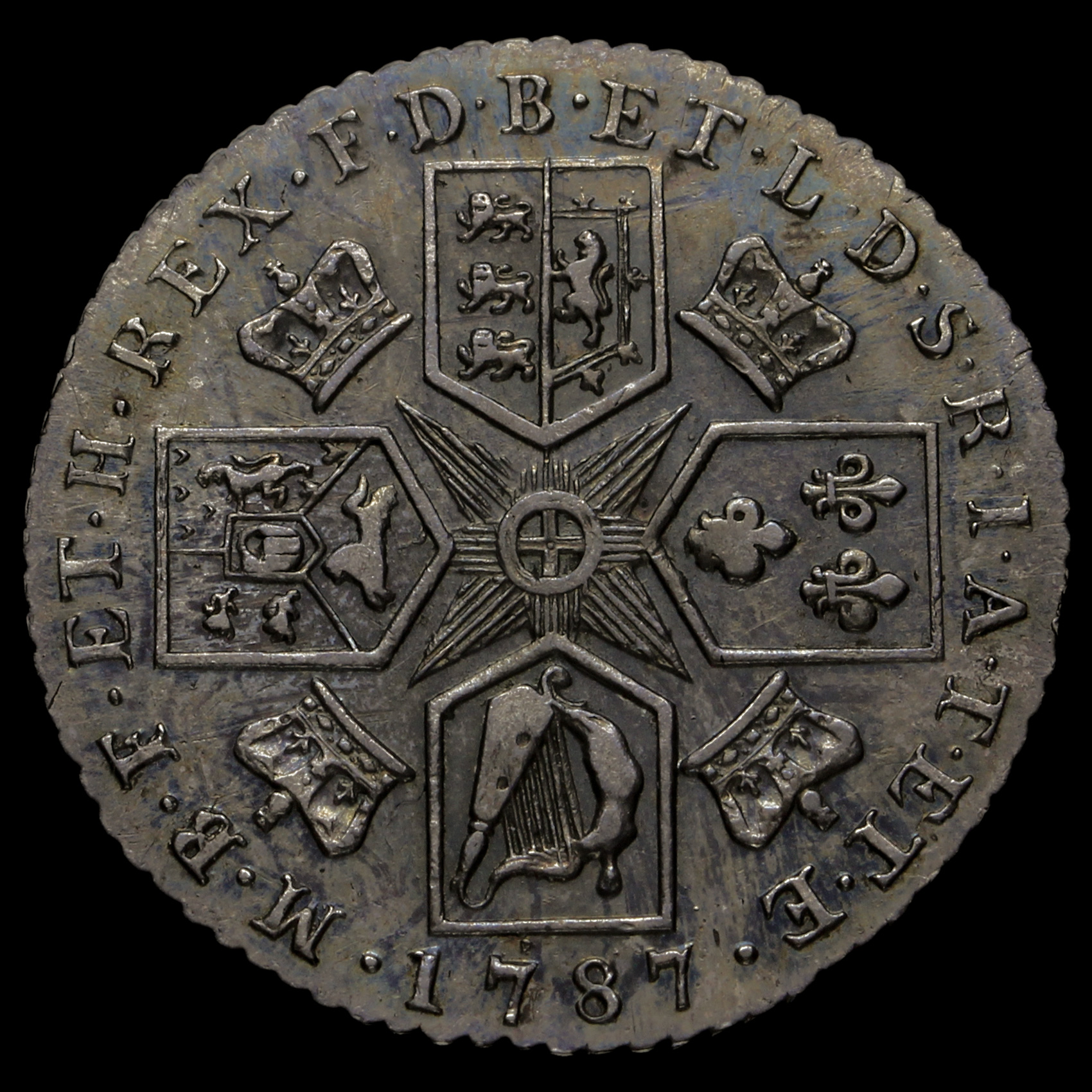 1787 George III Early Milled Silver Shilling, Hearts, EF