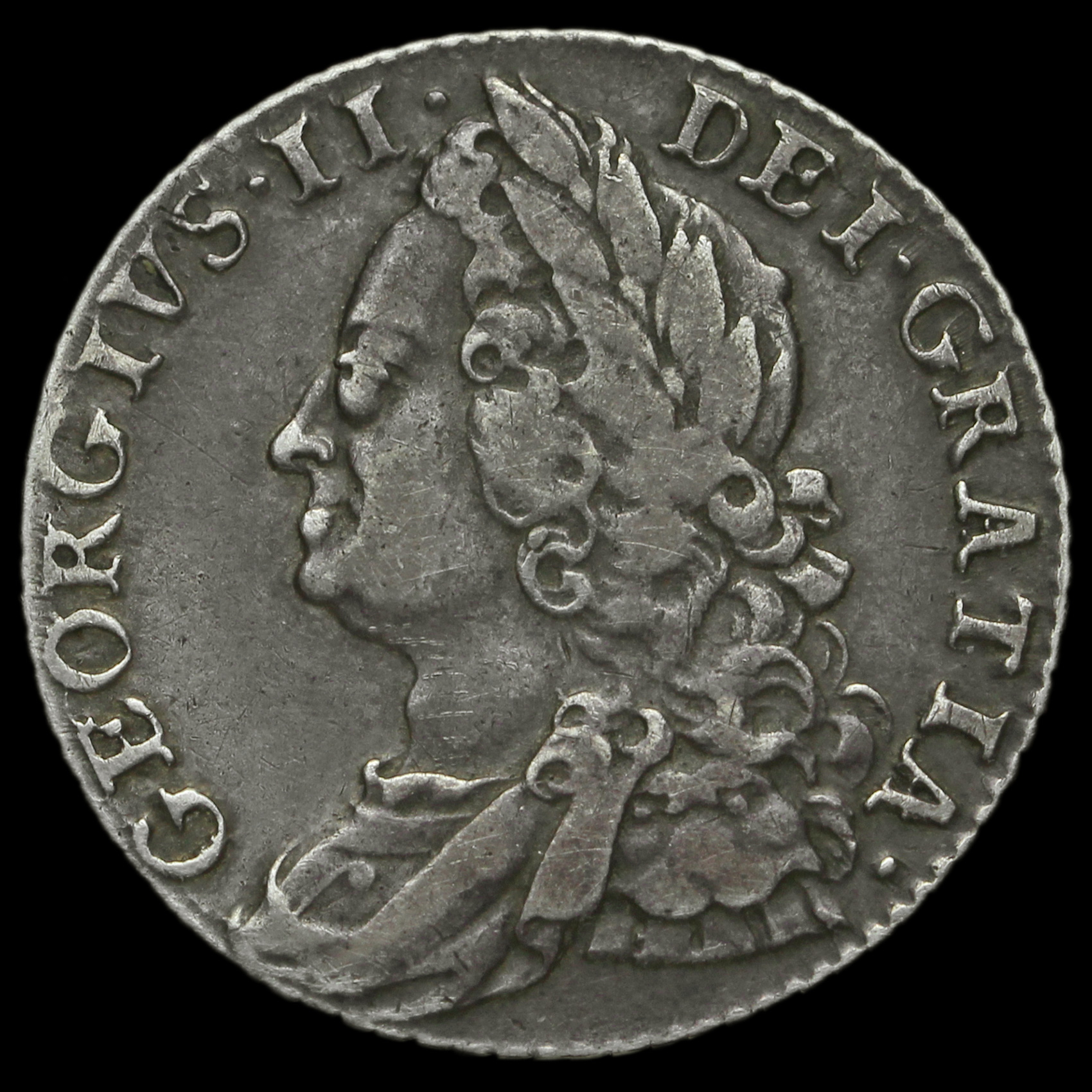 1750 George II Early Milled Silver Shilling, Wide 0, Scarce, VF