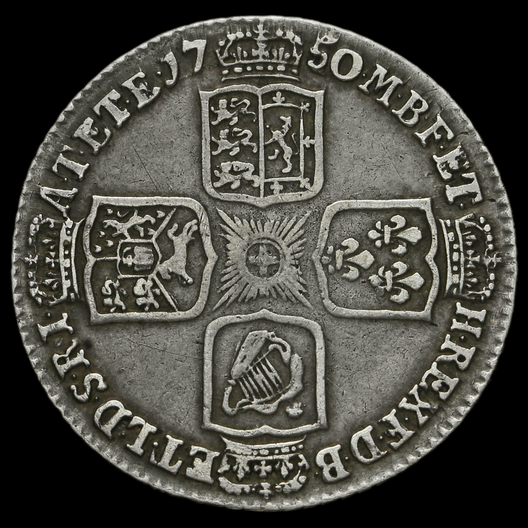 1750 George II Early Milled Silver Shilling, Wide 0, Scarce, VF