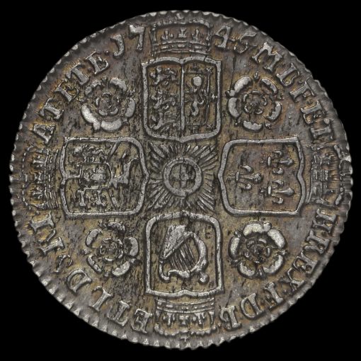 1745 George II Early Milled Silver Sixpence, Roses in Angles, Scarce