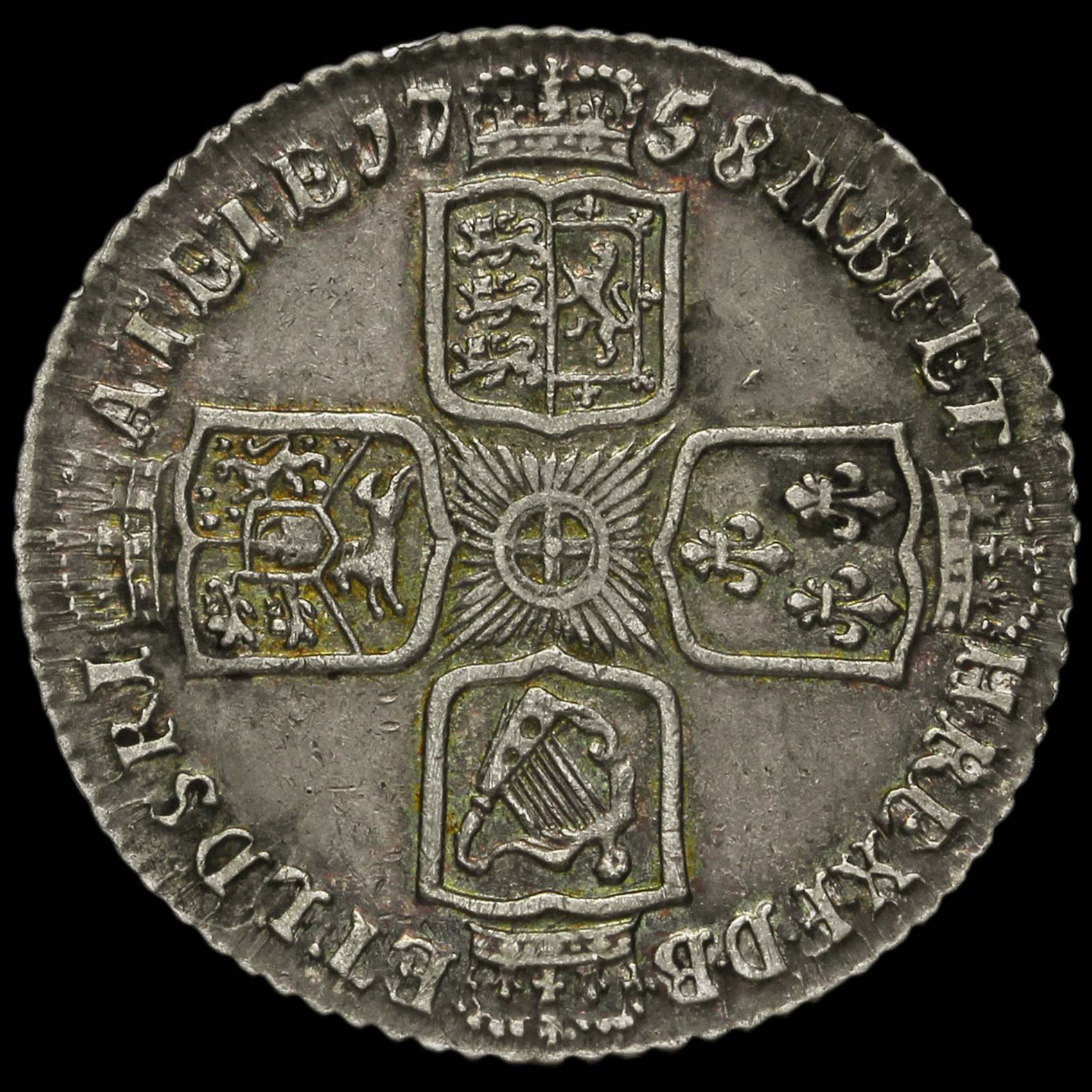 1758 George II Early Milled Silver Shilling, VF #2