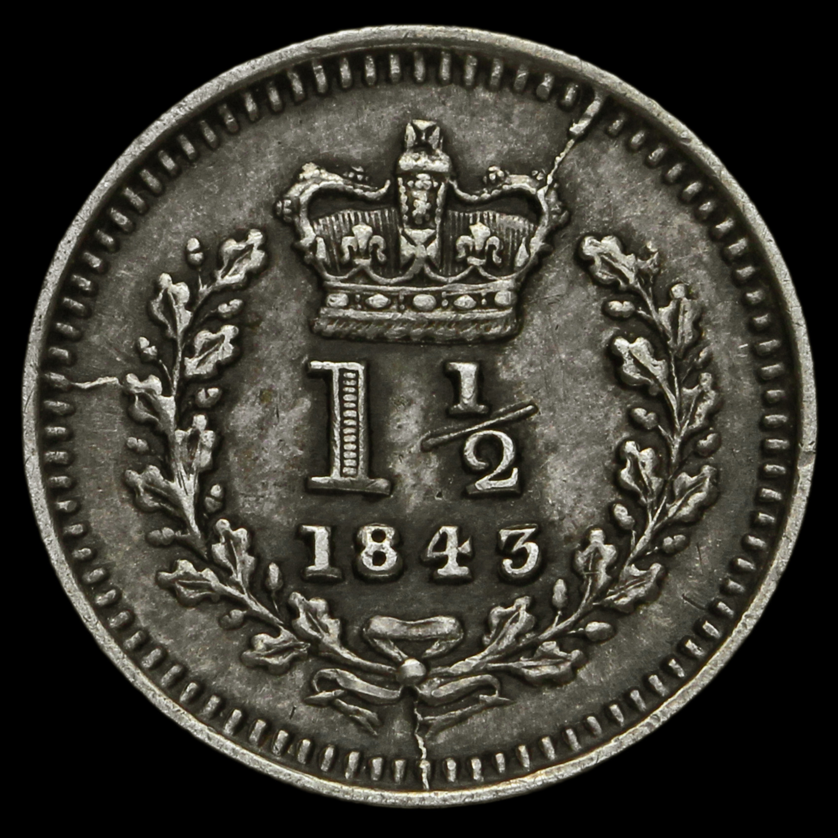 1843 Queen Victoria Young Head Silver Three-Halfpence, GVF