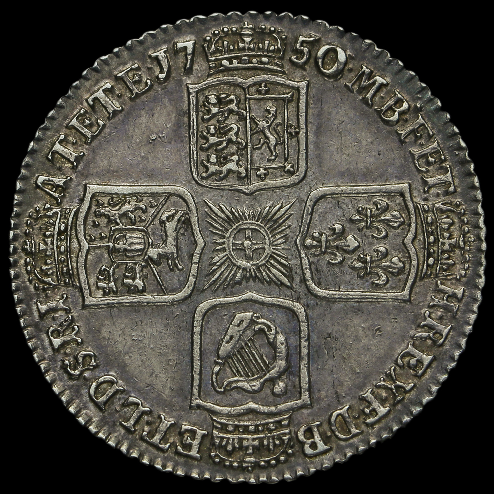 1750 George II Early Milled Silver Shilling, 50 over 46, Scarce, EF