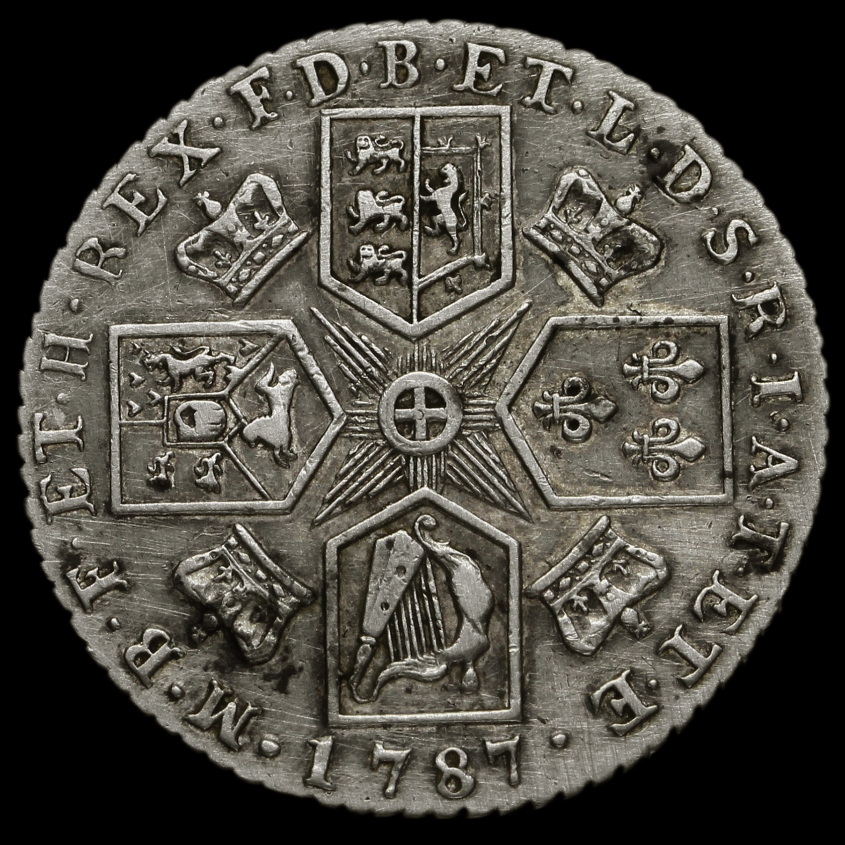 1787 George III Early Milled Silver Shilling, Hearts, GVF
