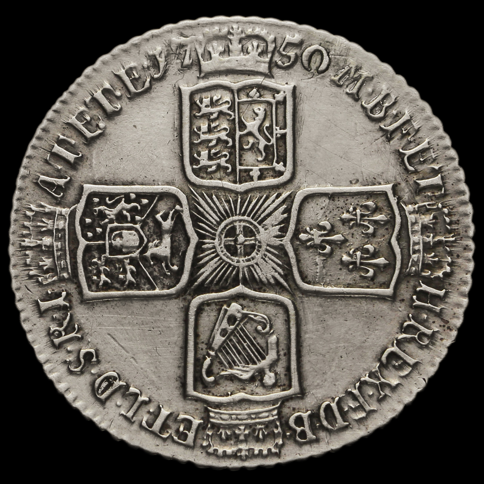 1750 George II Early Milled Silver Shilling, Wide 0, Scarce, A/EF