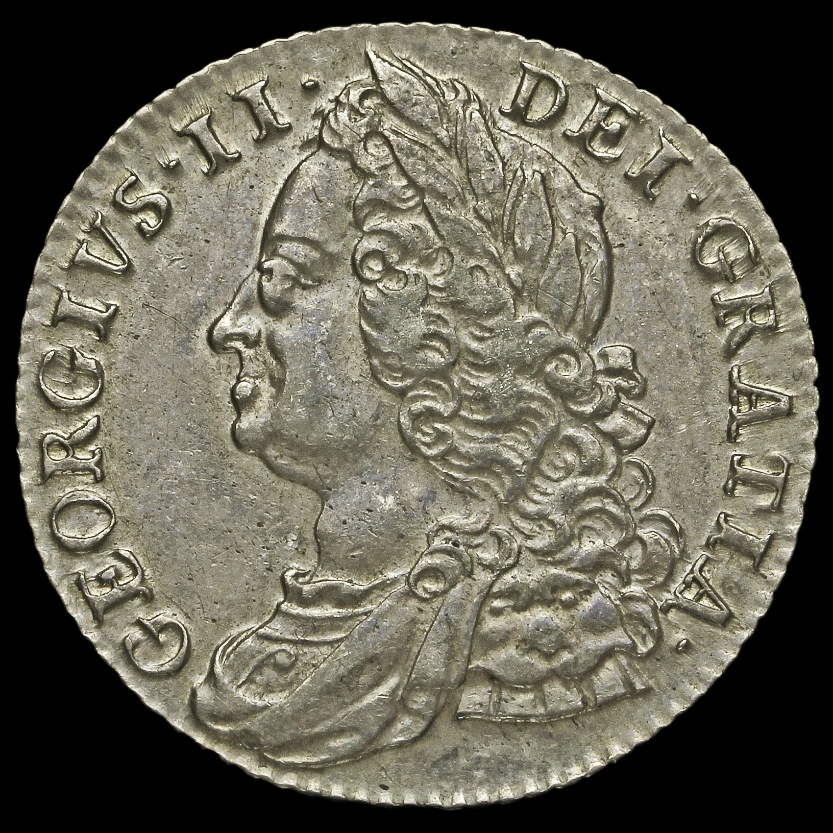 1750 George II Early Milled Silver Shilling, Narrow 0, EF