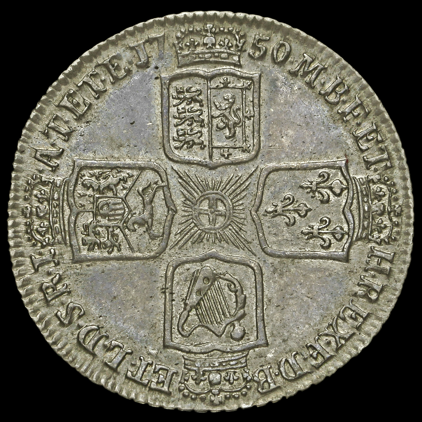 1750 George II Early Milled Silver Shilling, Narrow 0, EF