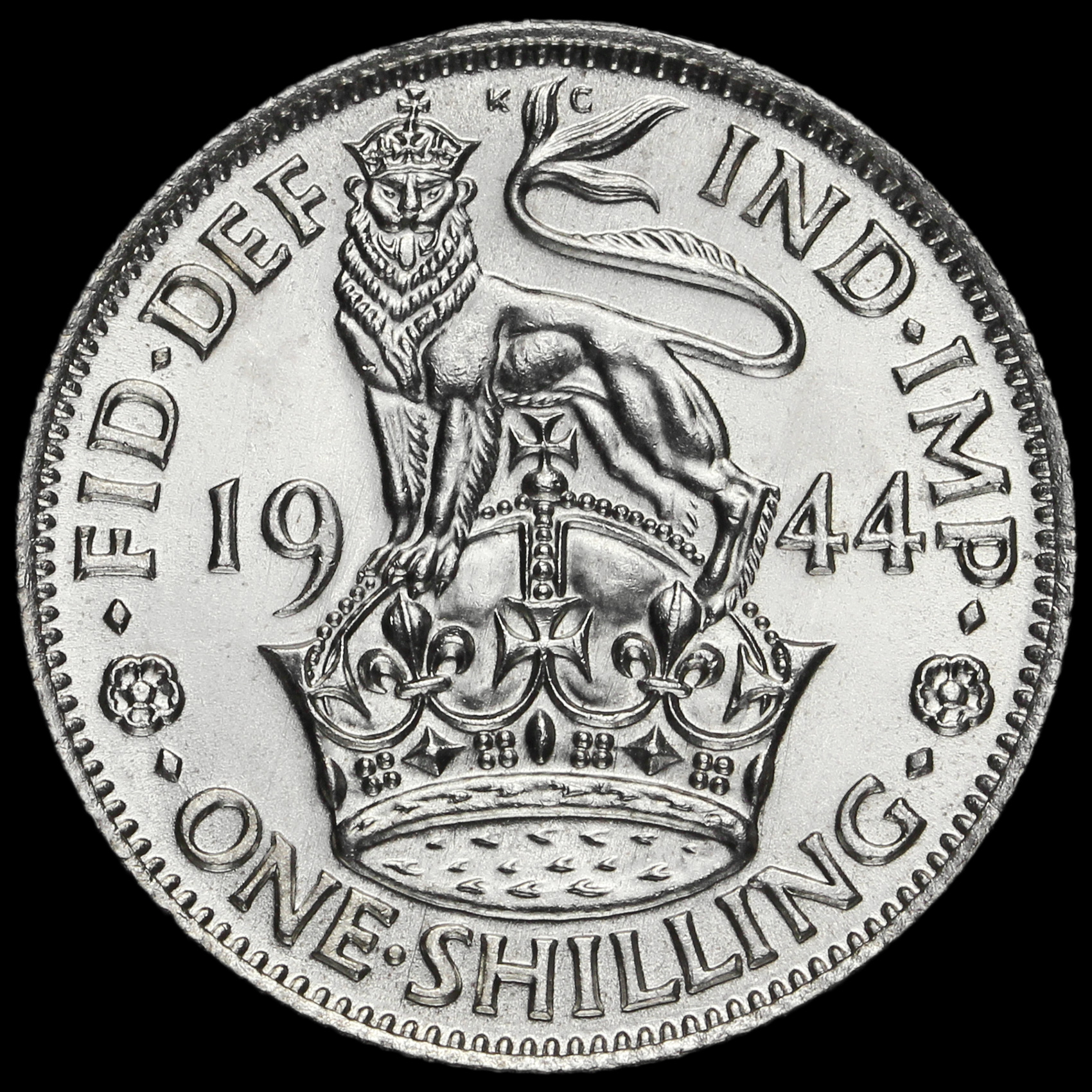 1944 George VI Silver English Shilling, A/UNC