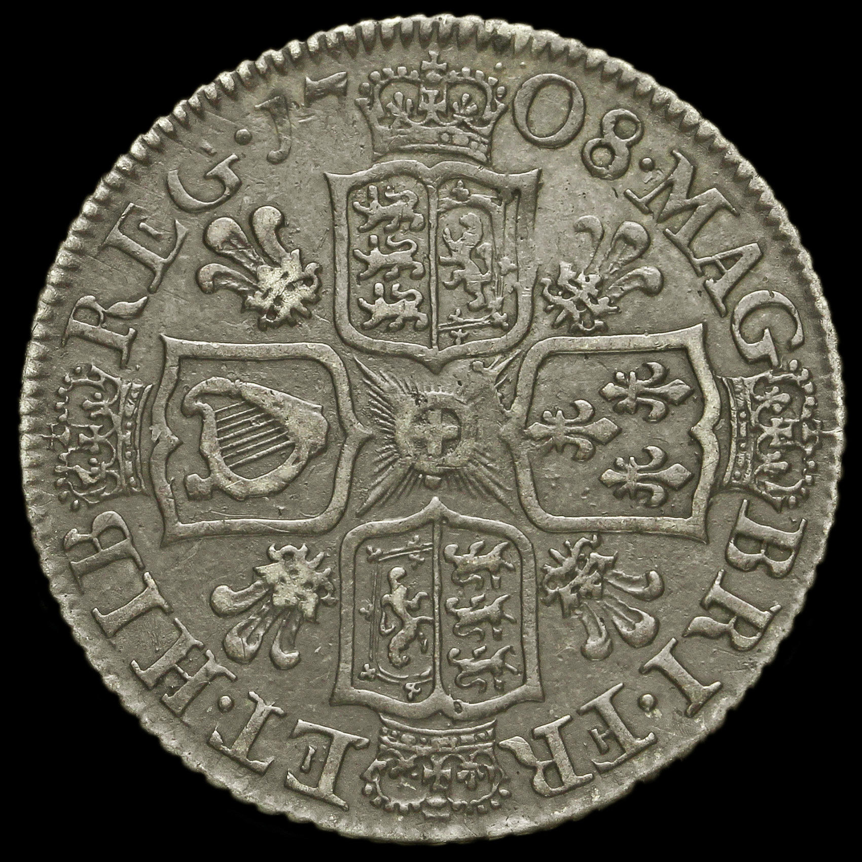 1708 Queen Anne Early Milled Silver Shilling, Third Bust, Plumes in Angles