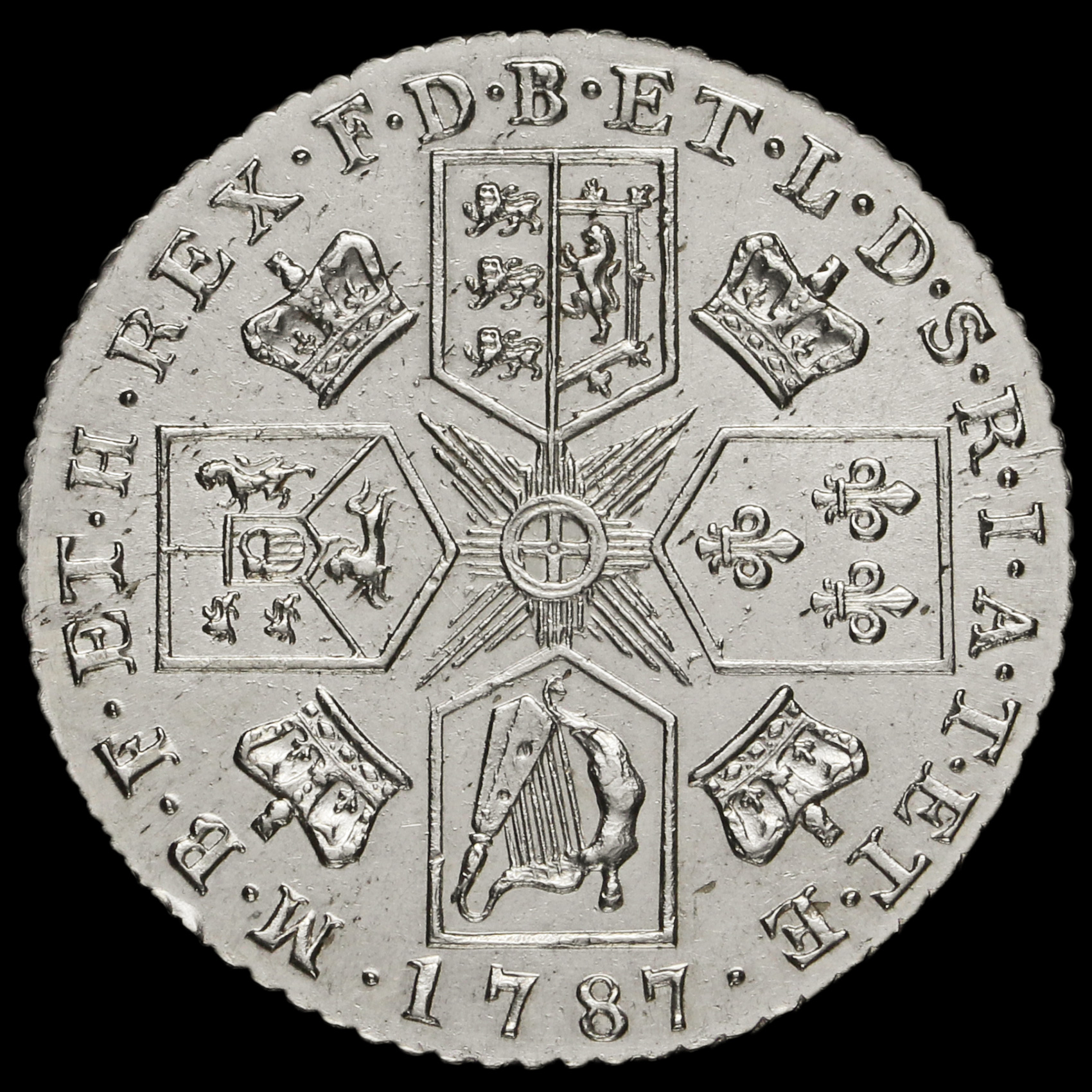 1787 George III Early Milled Silver Shilling, No Hearts, A/UNC