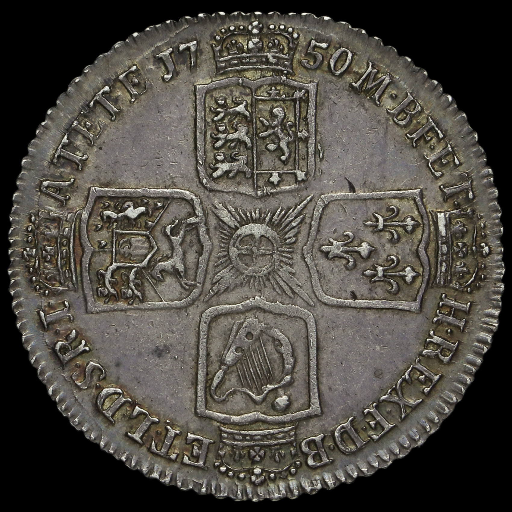1750 George II Early Milled Silver Shilling, Narrow 0, A/EF