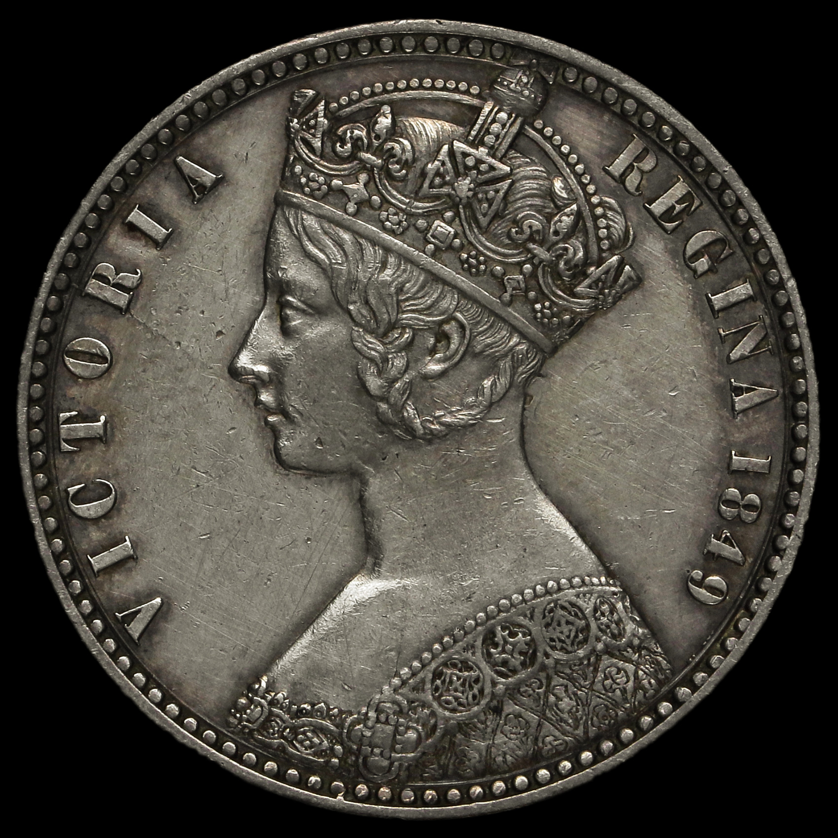 1849 Queen Victoria Godless Florin, WW Obscured, G/EF