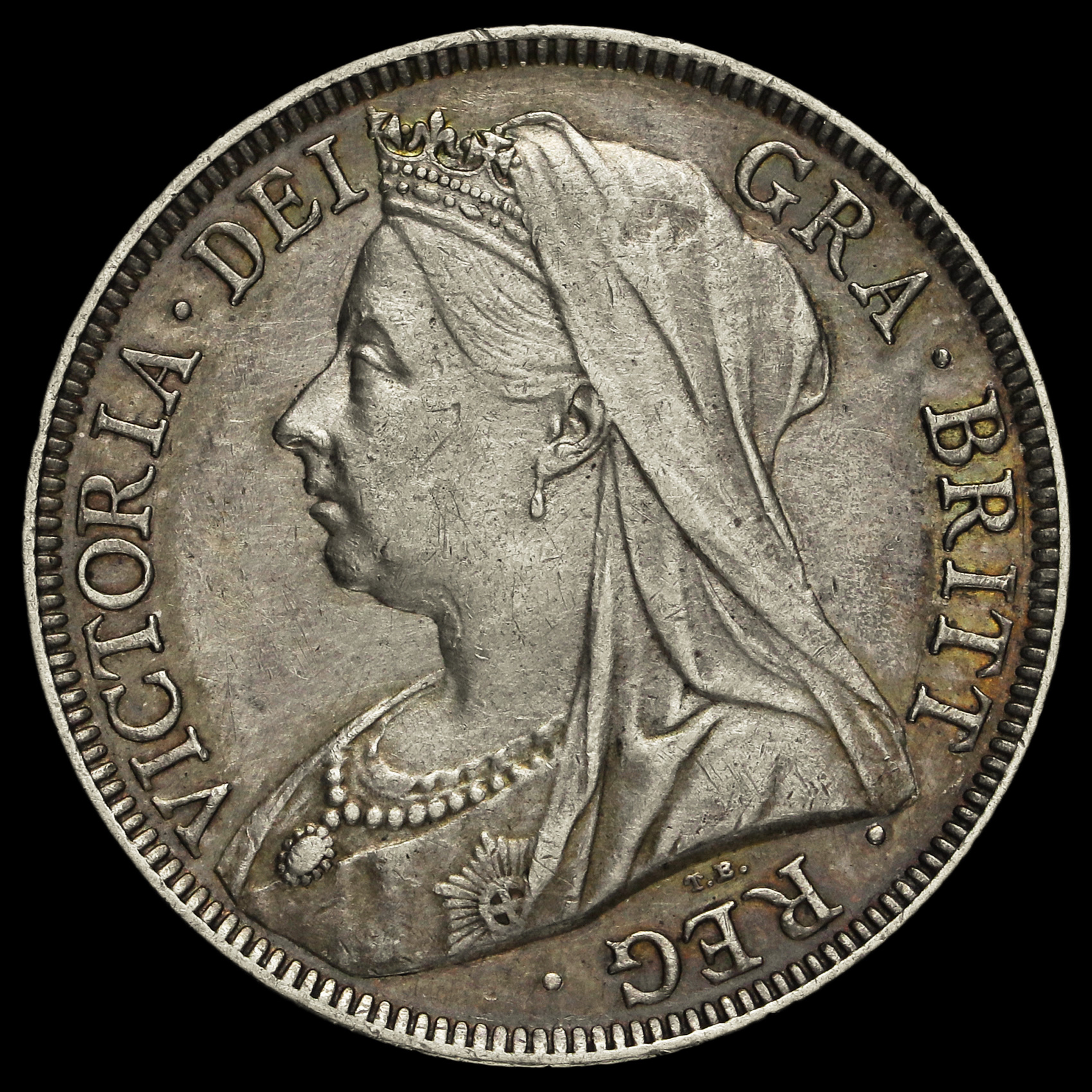 1897 Queen Victoria Veiled Head Silver Half Crown, Near EF