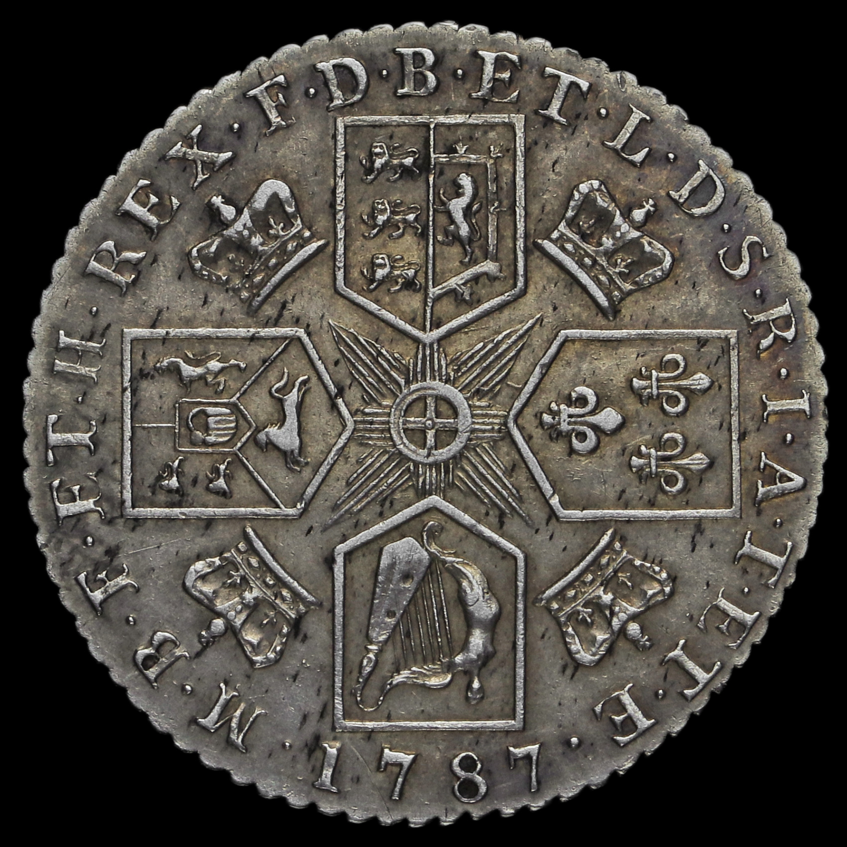 1787 George III Early Milled Silver Shilling, No Hearts, GVF #2