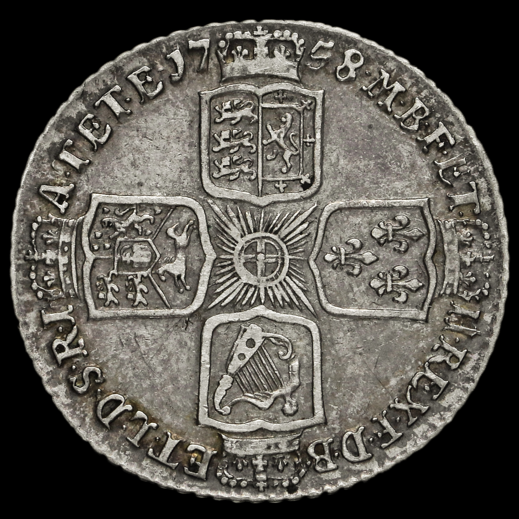 1758 George II Early Milled Silver Shilling, VF #2