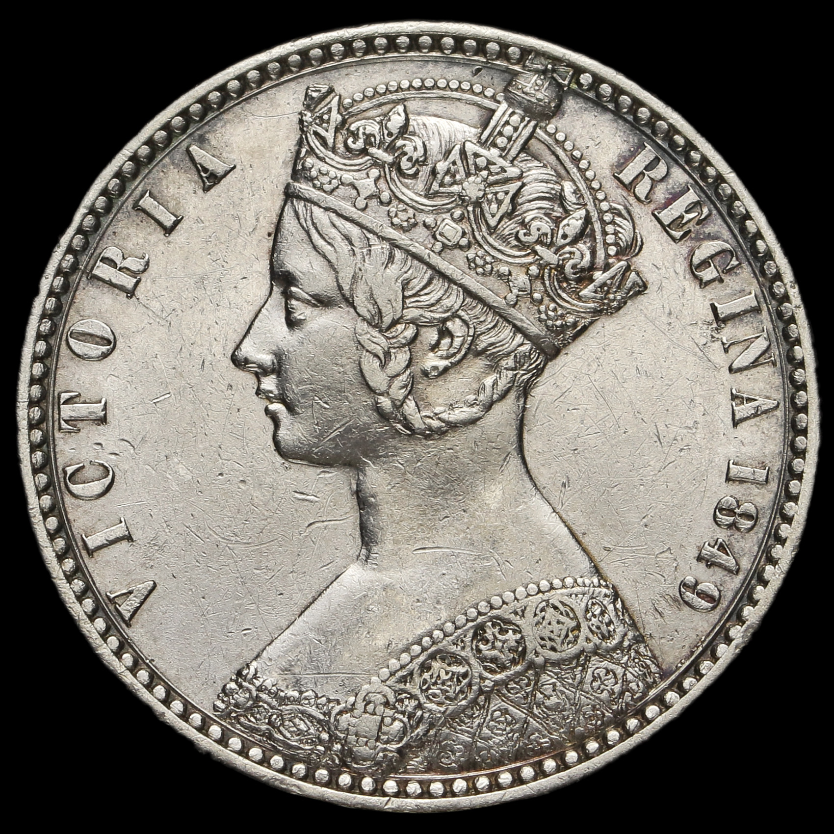 1849 Queen Victoria Godless Florin, WW Obscured, Near EF