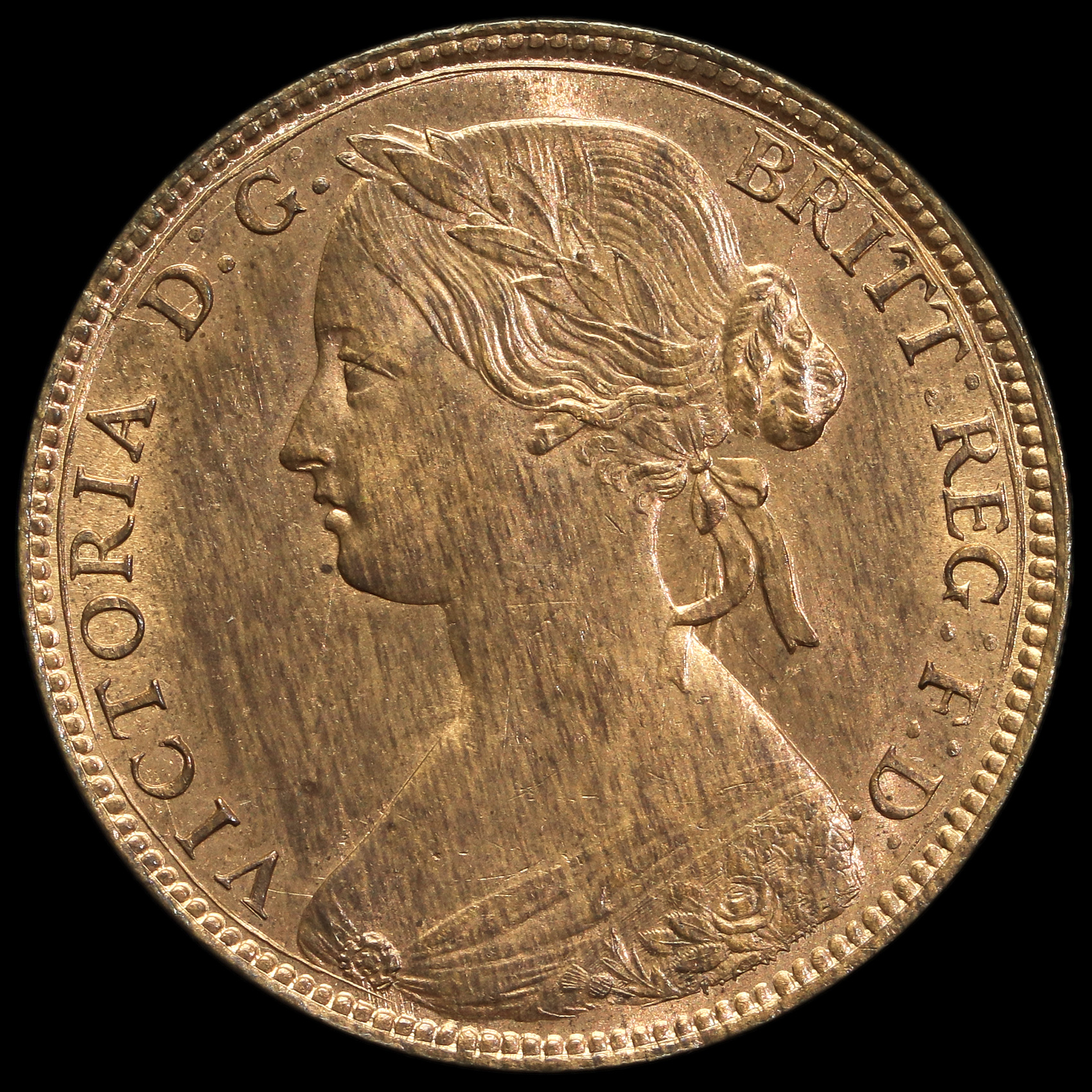 1860 Queen Victoria Bun Head Penny, F10, UNC