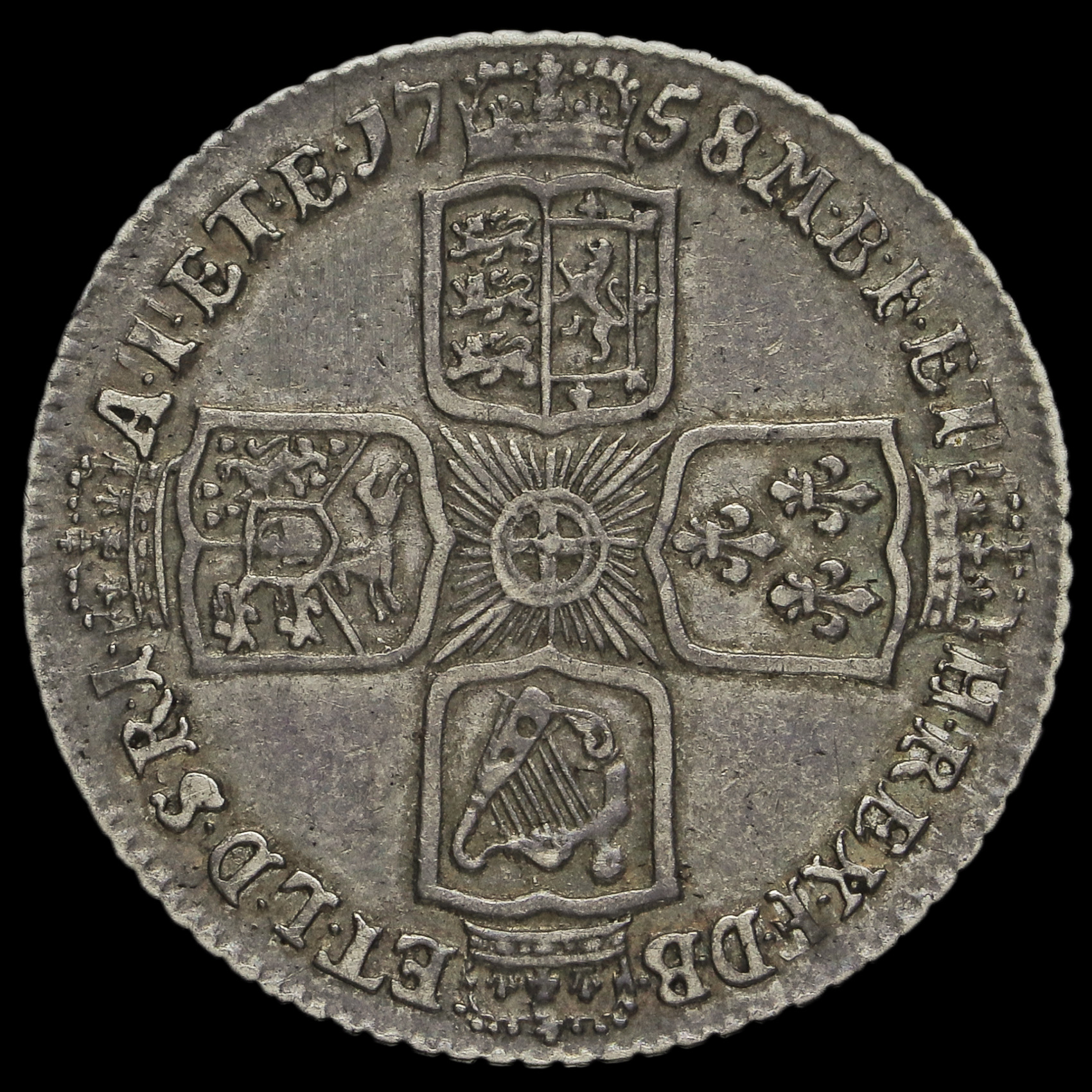 1758 George II Early Milled Silver Shilling, GVF