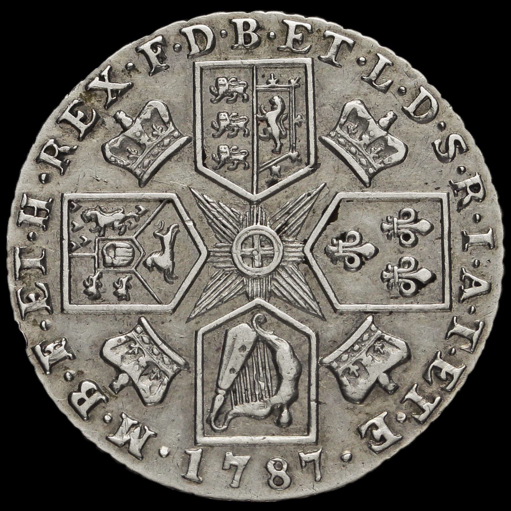 1787 George III Early Milled Silver Shilling, Hearts, Near EF