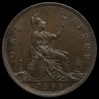 1866 Queen Victoria Bun Head Penny, A/UNC