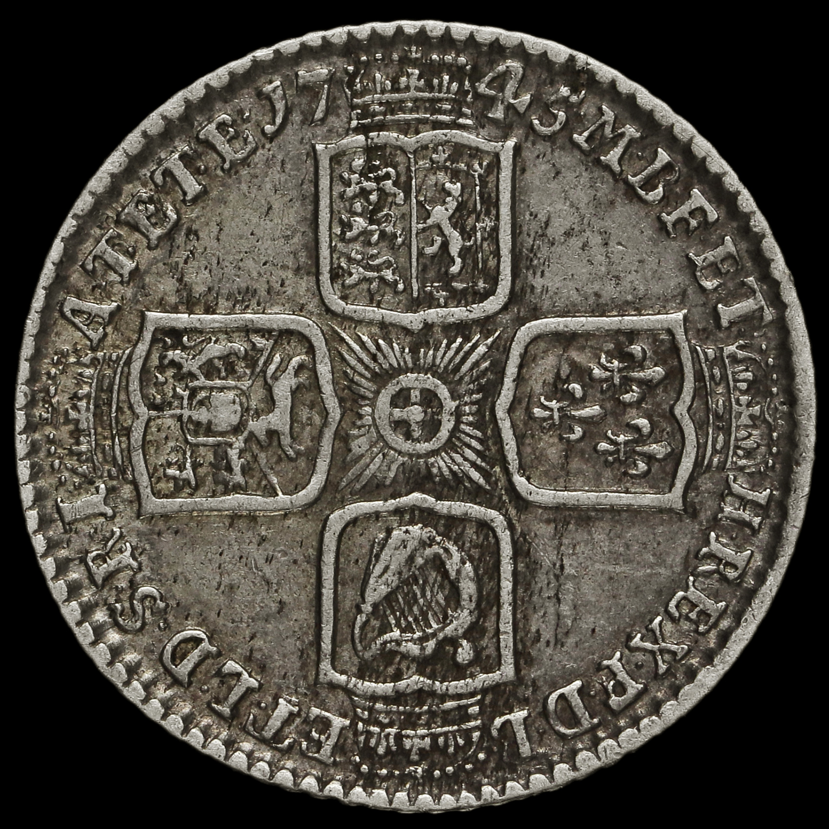 1745 George II Early Milled Silver Lima Shilling, VF