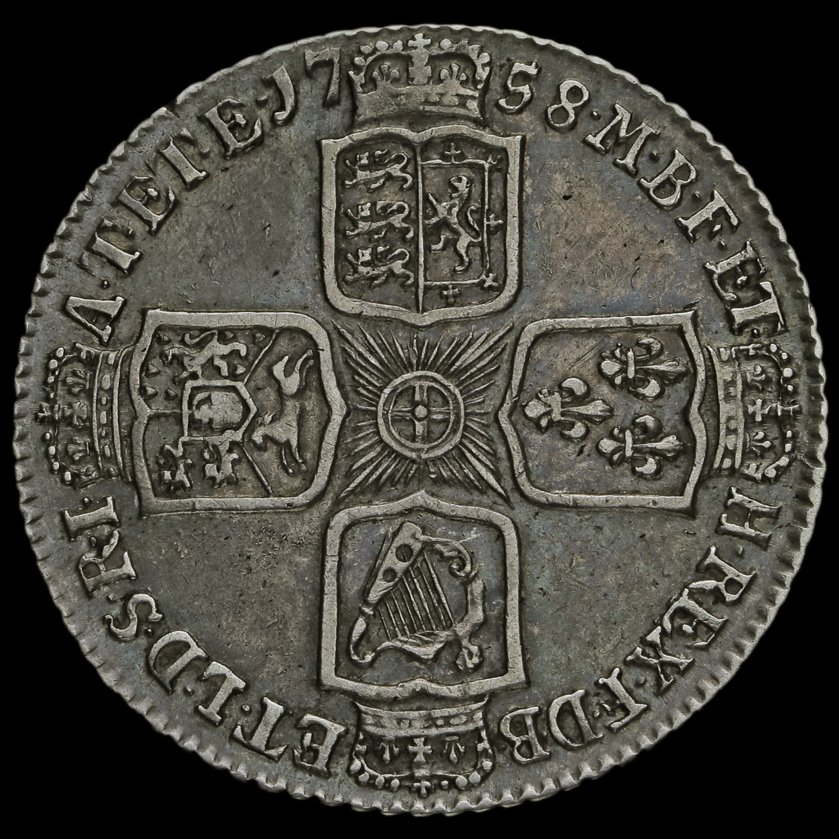 1758 George II Early Milled Silver Shilling, A/EF