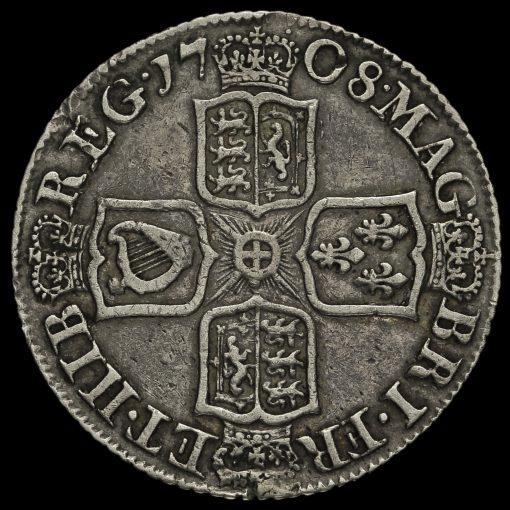 1708 Queen Anne Early Milled Silver Shilling, Third Bust, Plain Angles