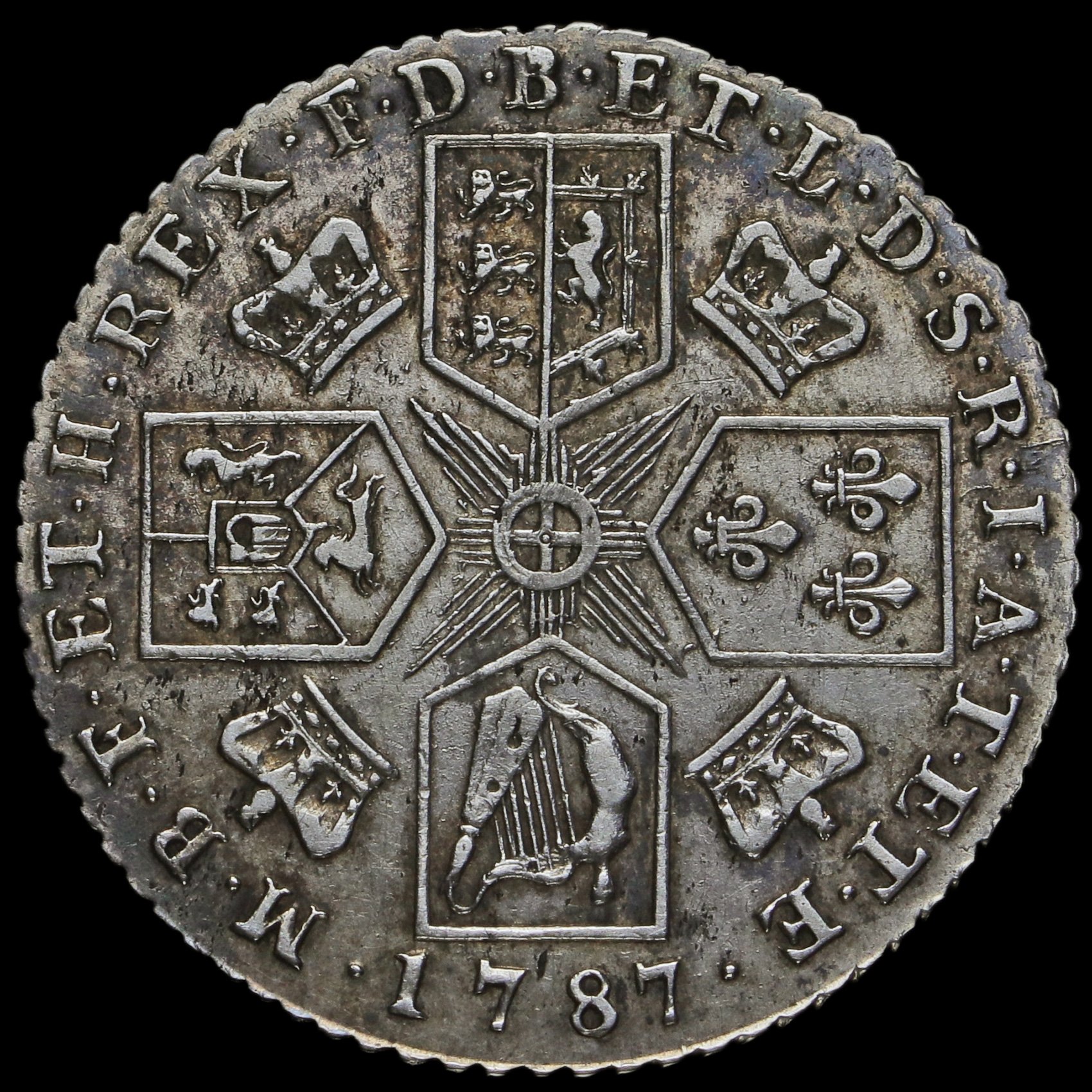 1787 George III Early Milled Silver Shilling, No Hearts, Near EF