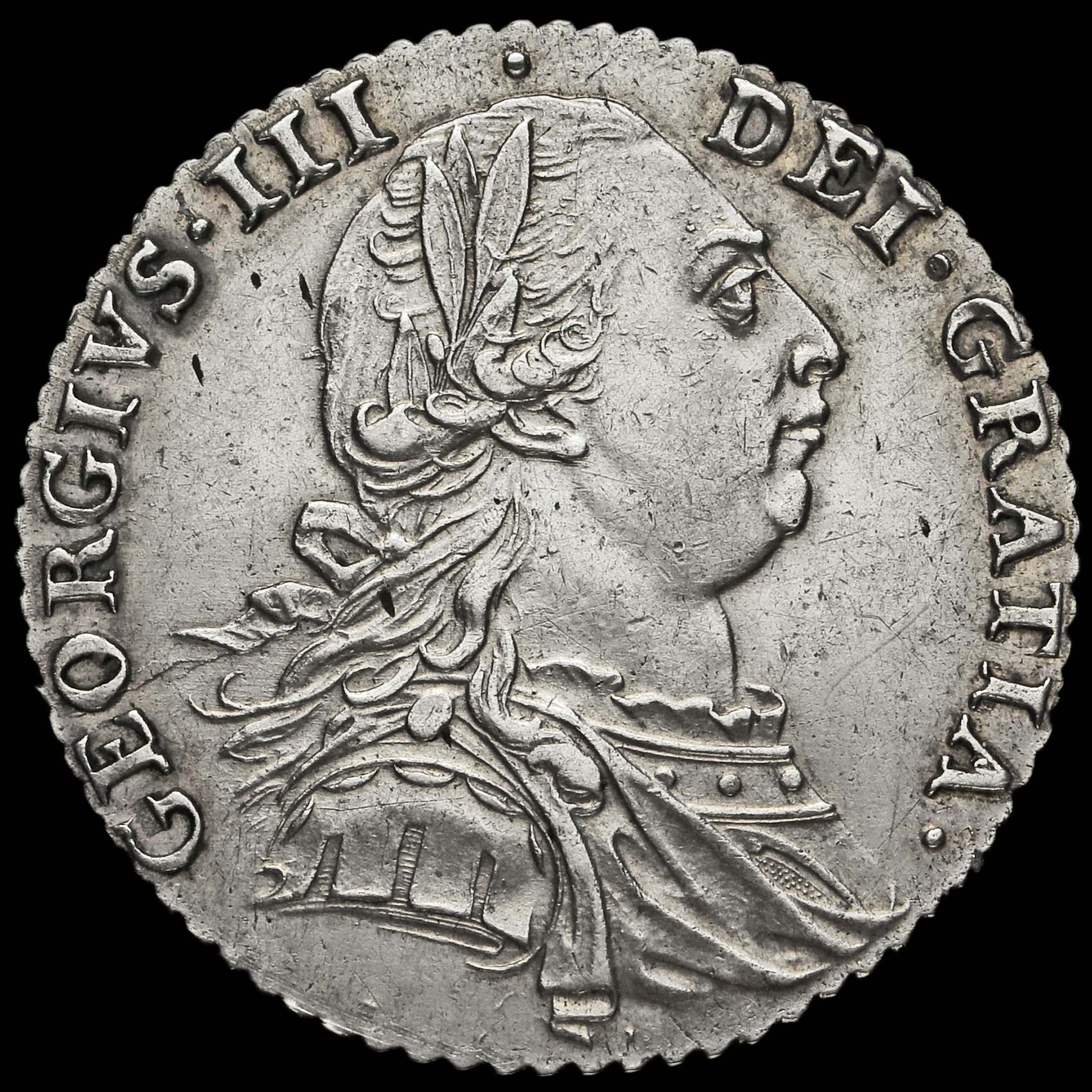 1787 George III Early Milled Silver Shilling, Hearts, G/EF