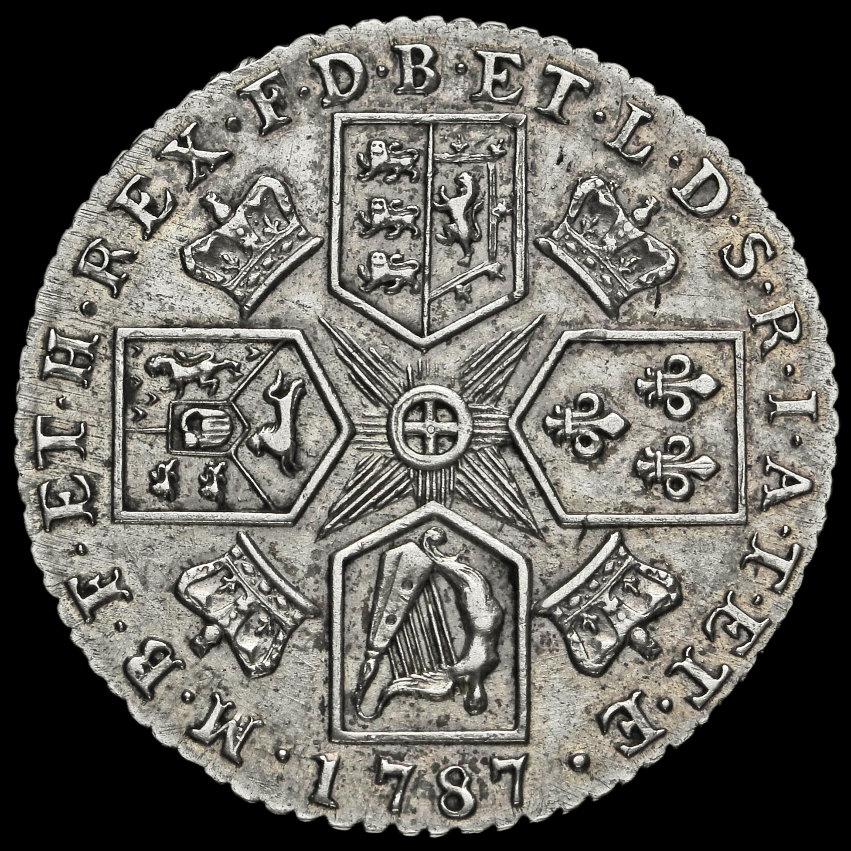 1787 George III Early Milled Silver Shilling, Hearts, G/EF