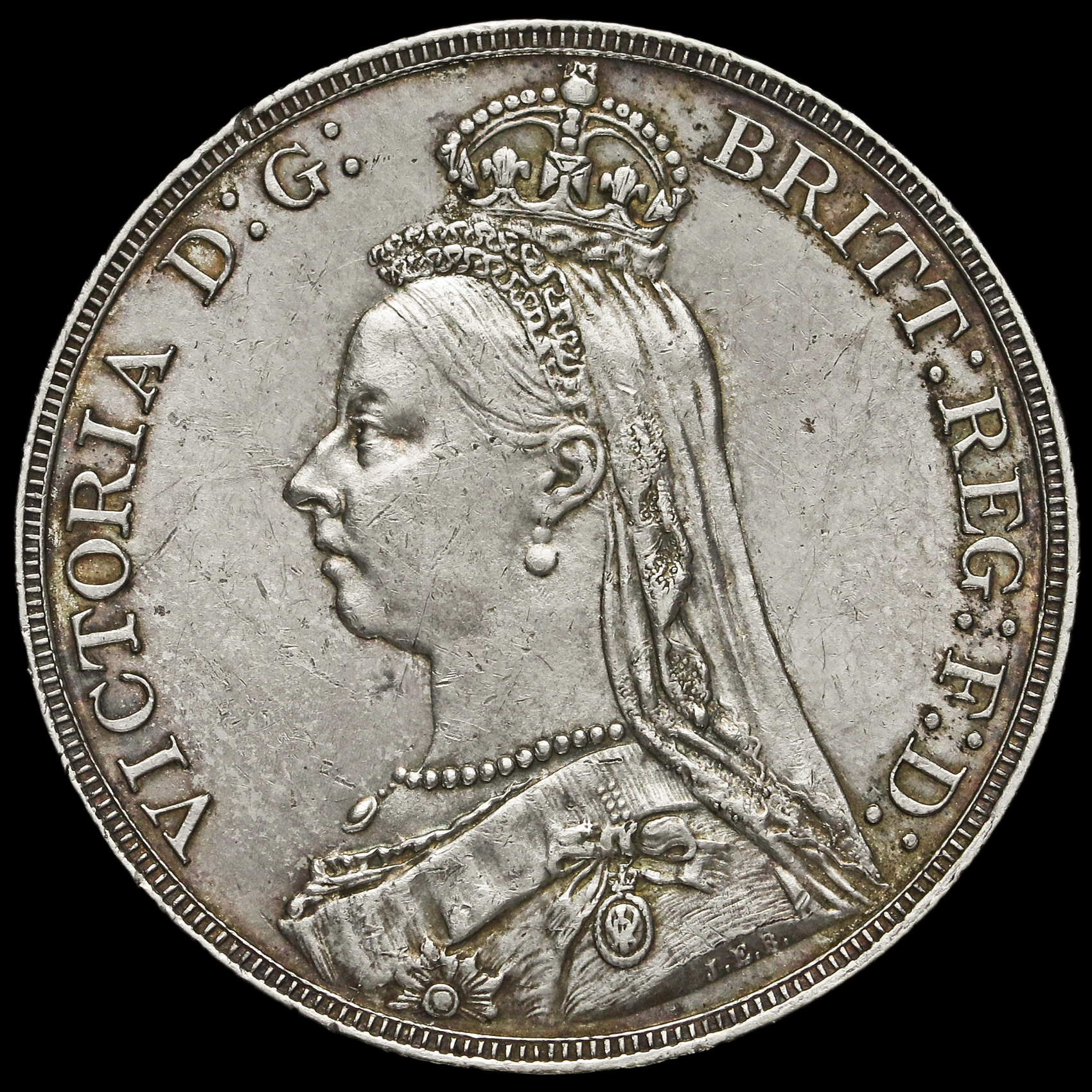 1890 Queen Victoria Jubilee Head Silver Crown, Near EF