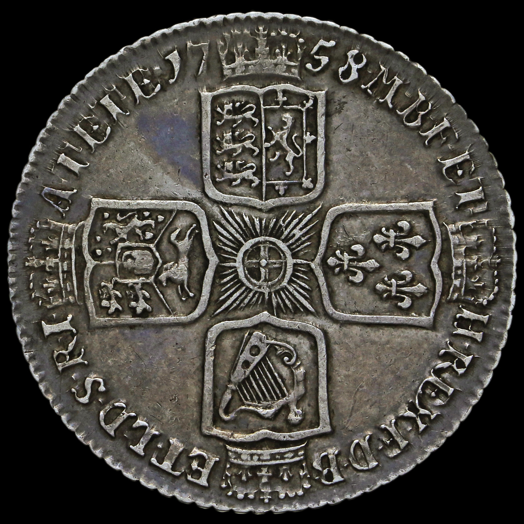 1758 George II Early Milled Silver Shilling, Near EF