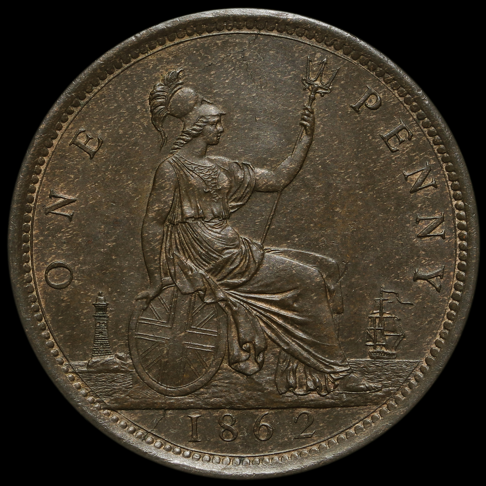 1862 Queen Victoria Bun Head Penny, UNC