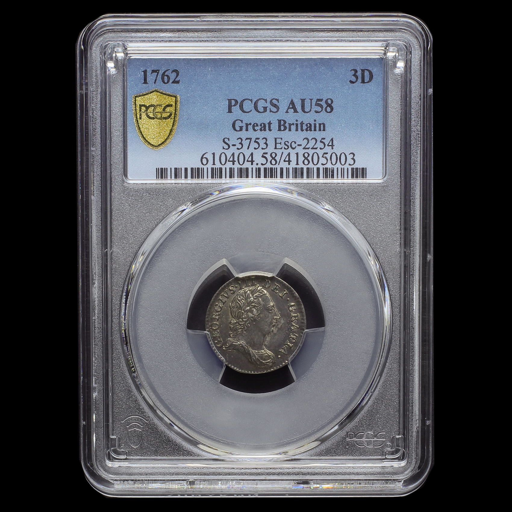 1762 George III Early Milled Silver Threepence PCGS AU 58
