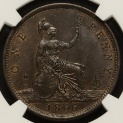 1866 Queen Victoria Bun Head Penny, MS 65, Choice UNC