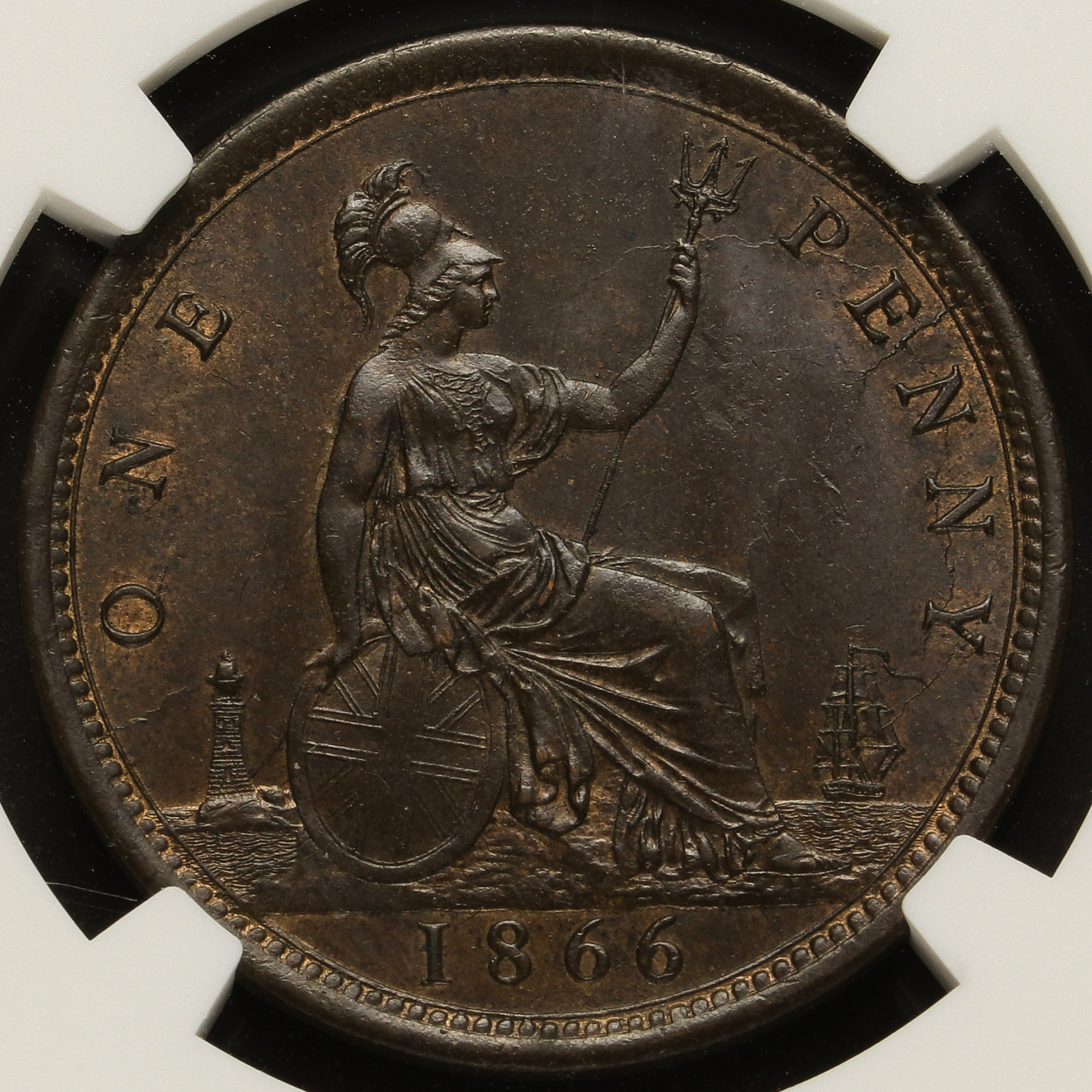 1866 Queen Victoria Bun Head Penny, MS 65, Choice UNC