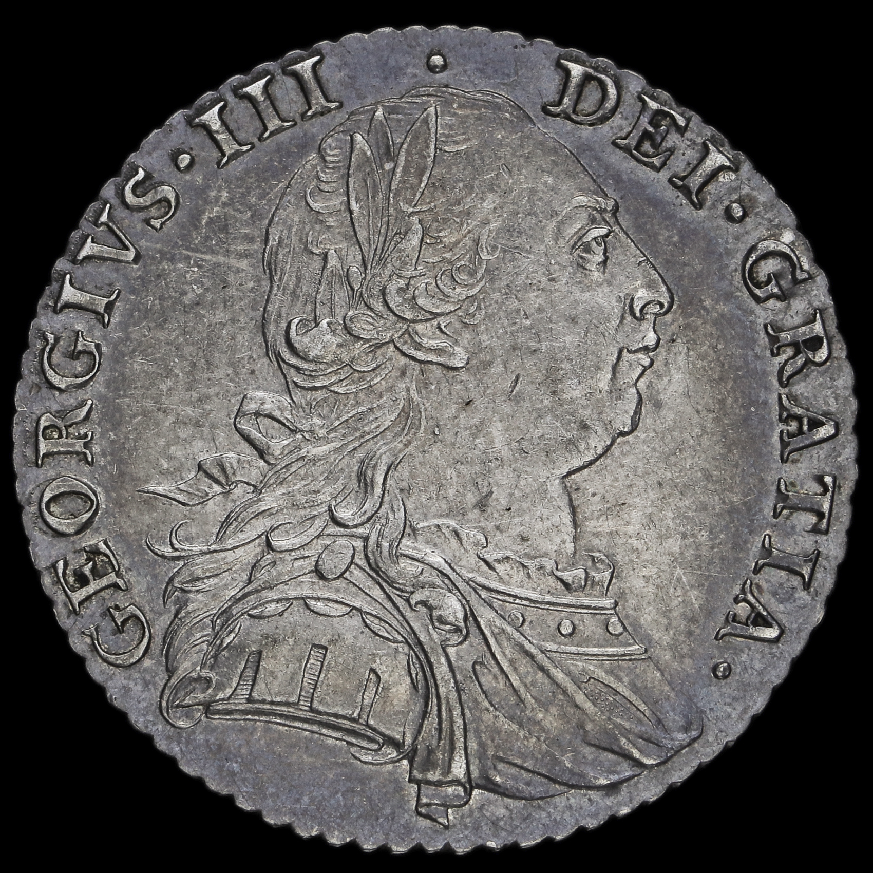 1787 George III Early Milled Silver Shilling, No Hearts, A/UNC