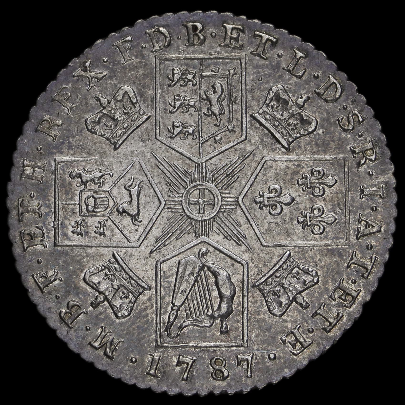 1787 George III Early Milled Silver Shilling, No Hearts, A/UNC