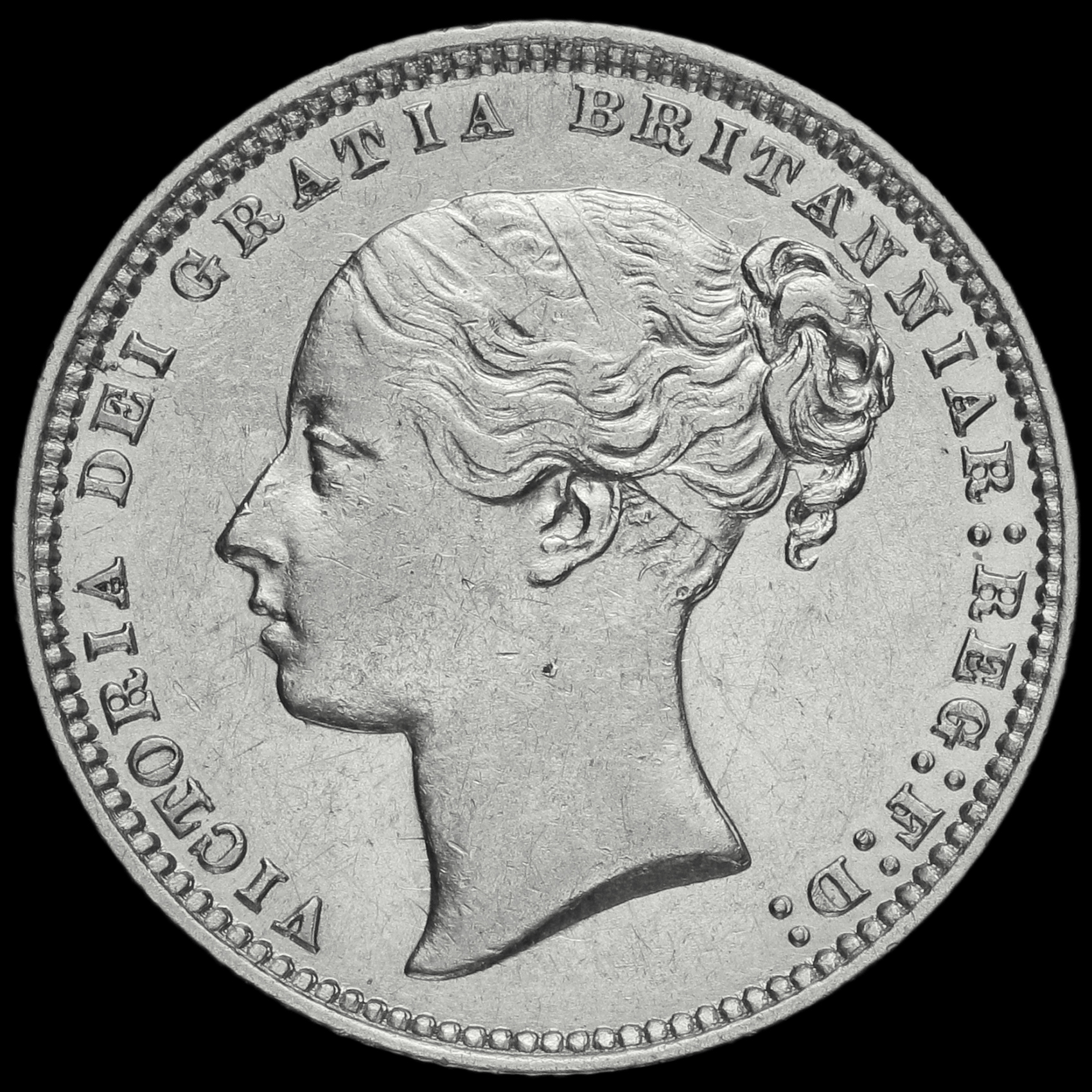 1873 Queen Victoria Young Head Silver Shilling, A/EF
