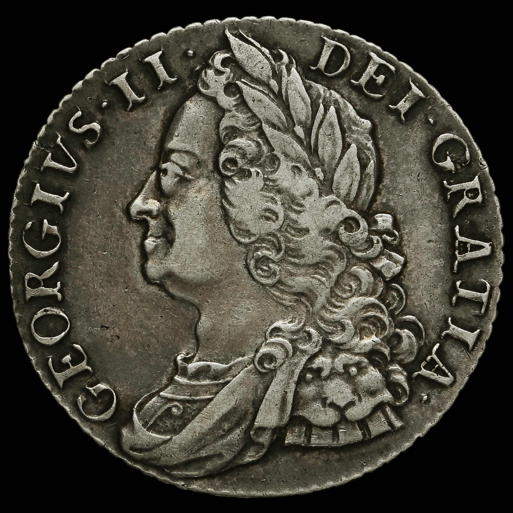 1750 George II Early Milled Silver Shilling, Narrow 0, GVF