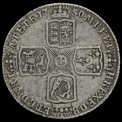 1750 George II Early Milled Silver Shilling, Narrow 0, GF