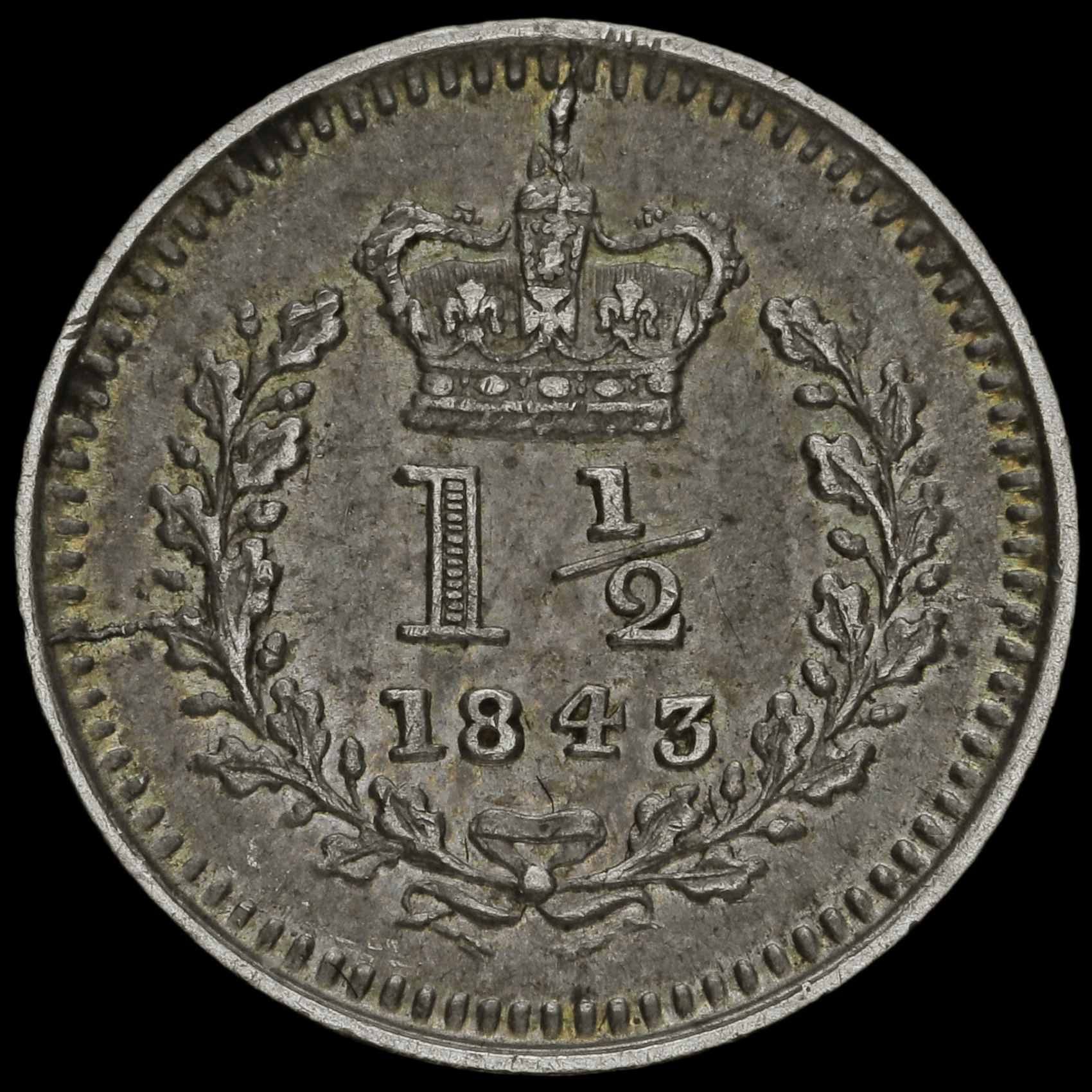 1843 Queen Victoria Young Head Silver Three-Halfpence, VF