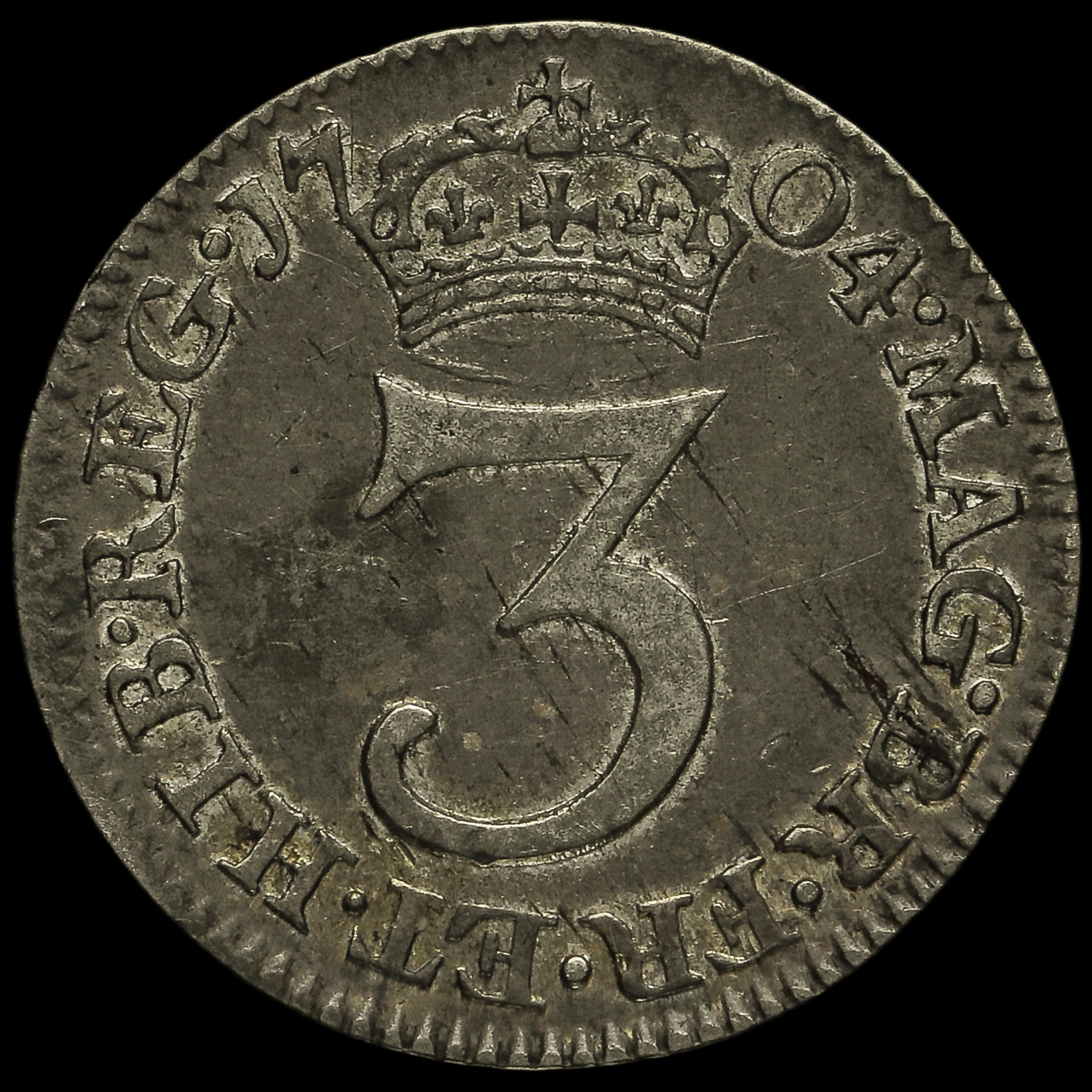 1704 Queen Anne Early Milled Silver Maundy Threepence, Scarce