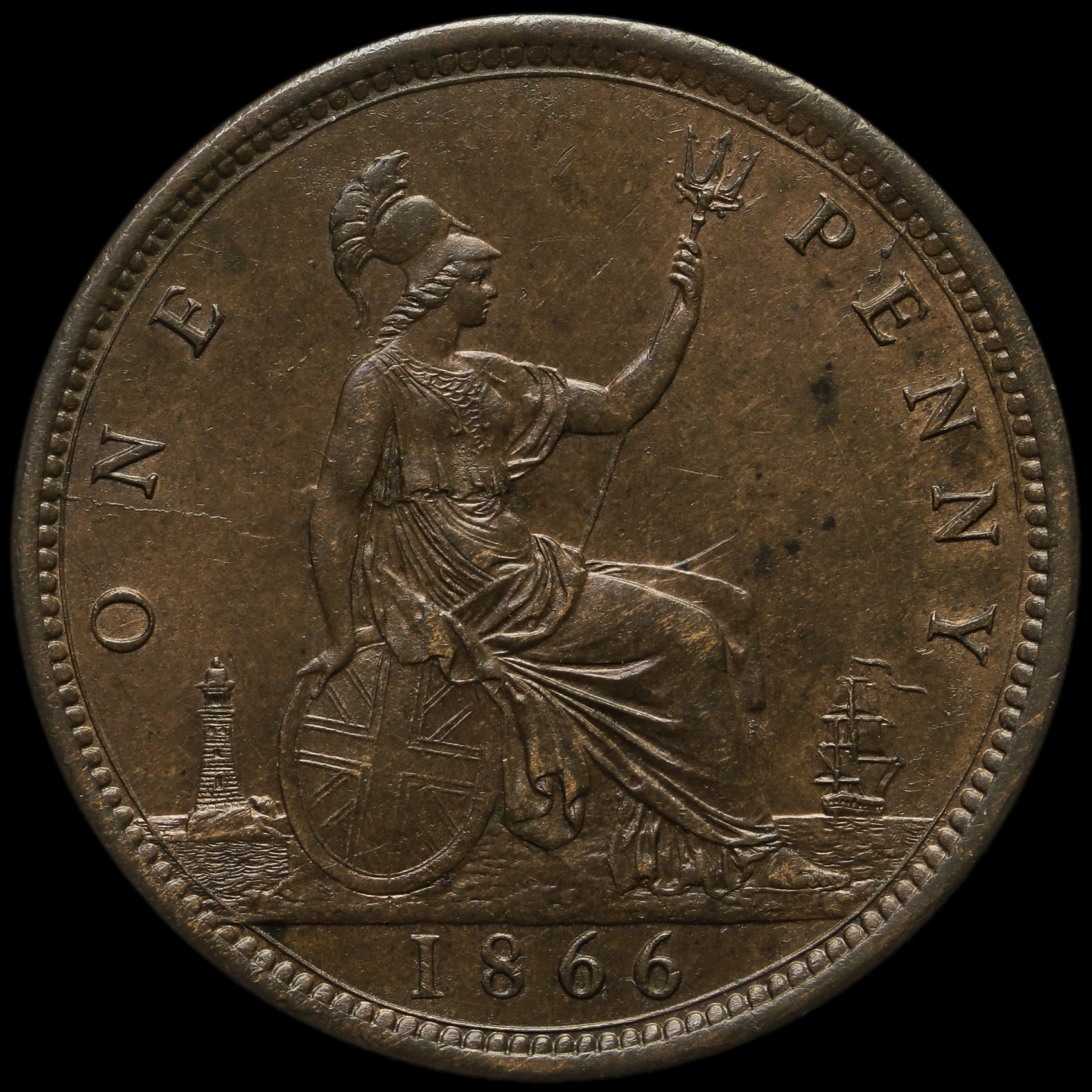 1866 Queen Victoria Bun Head Penny, A/UNC