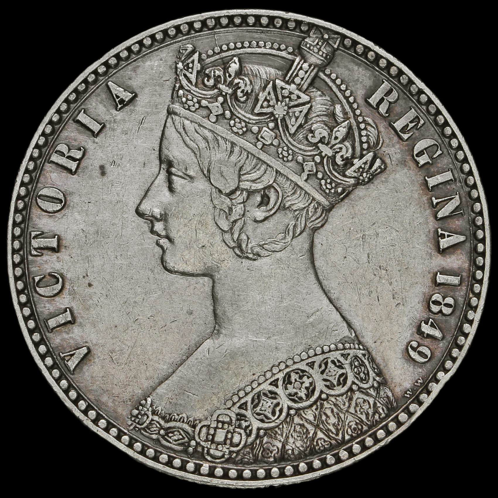 1849 Queen Victoria Godless Florin, Near EF