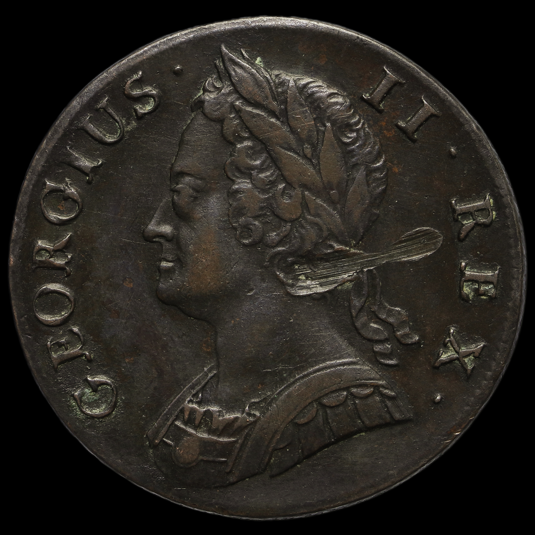 1740 George II Early Milled Copper Halfpenny