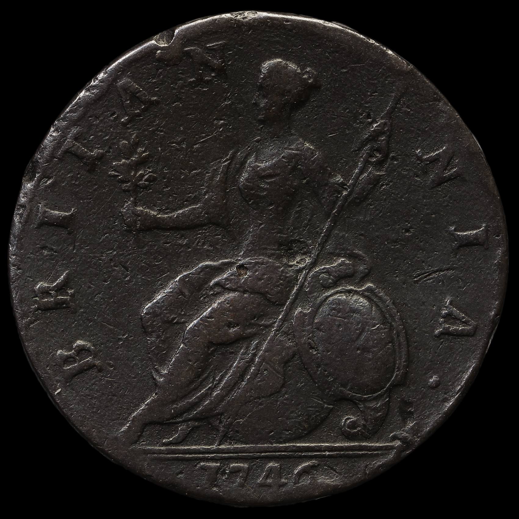 1746 George II Early Milled Copper Halfpenny