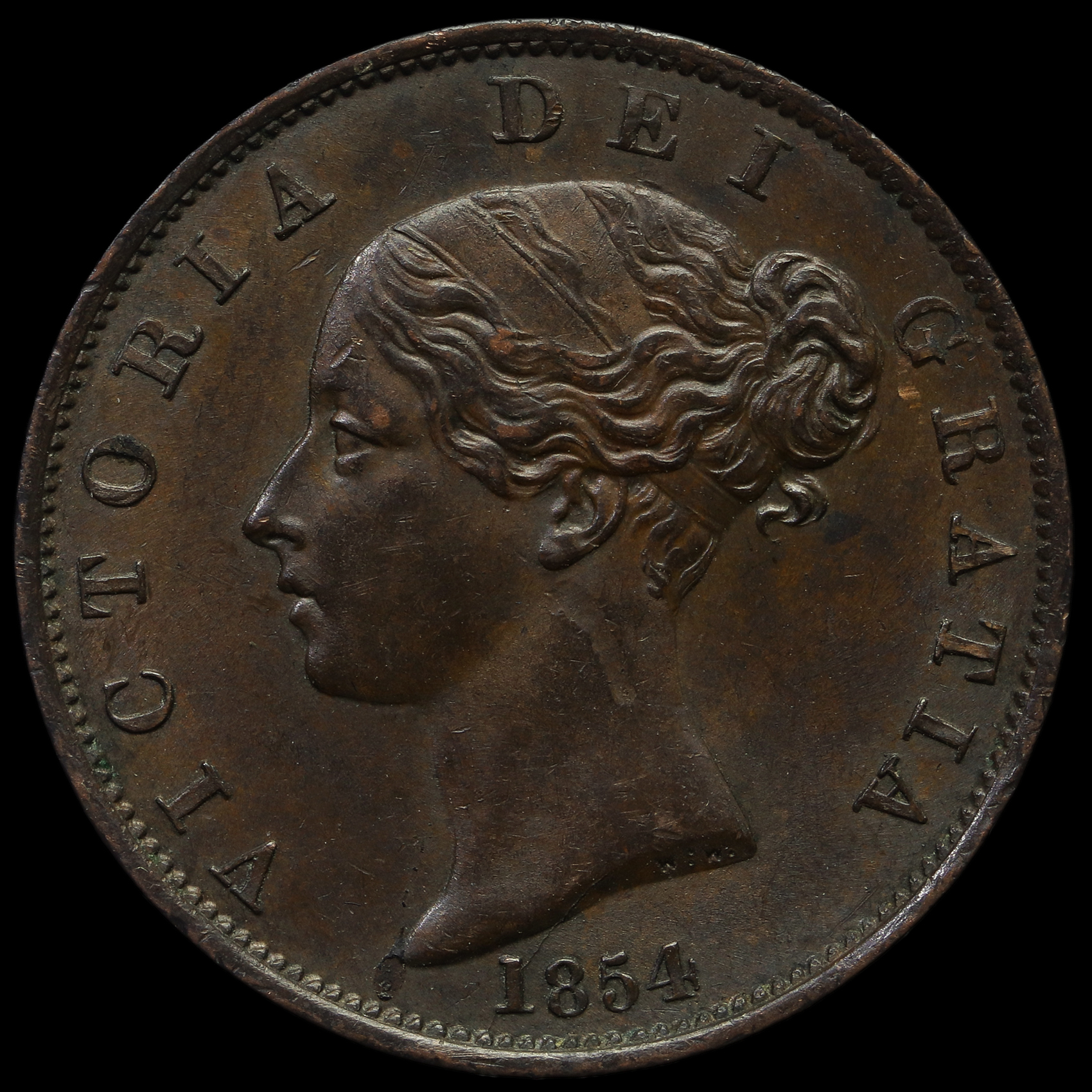 1854 Queen Victoria Young Head Copper Halfpenny, G/EF