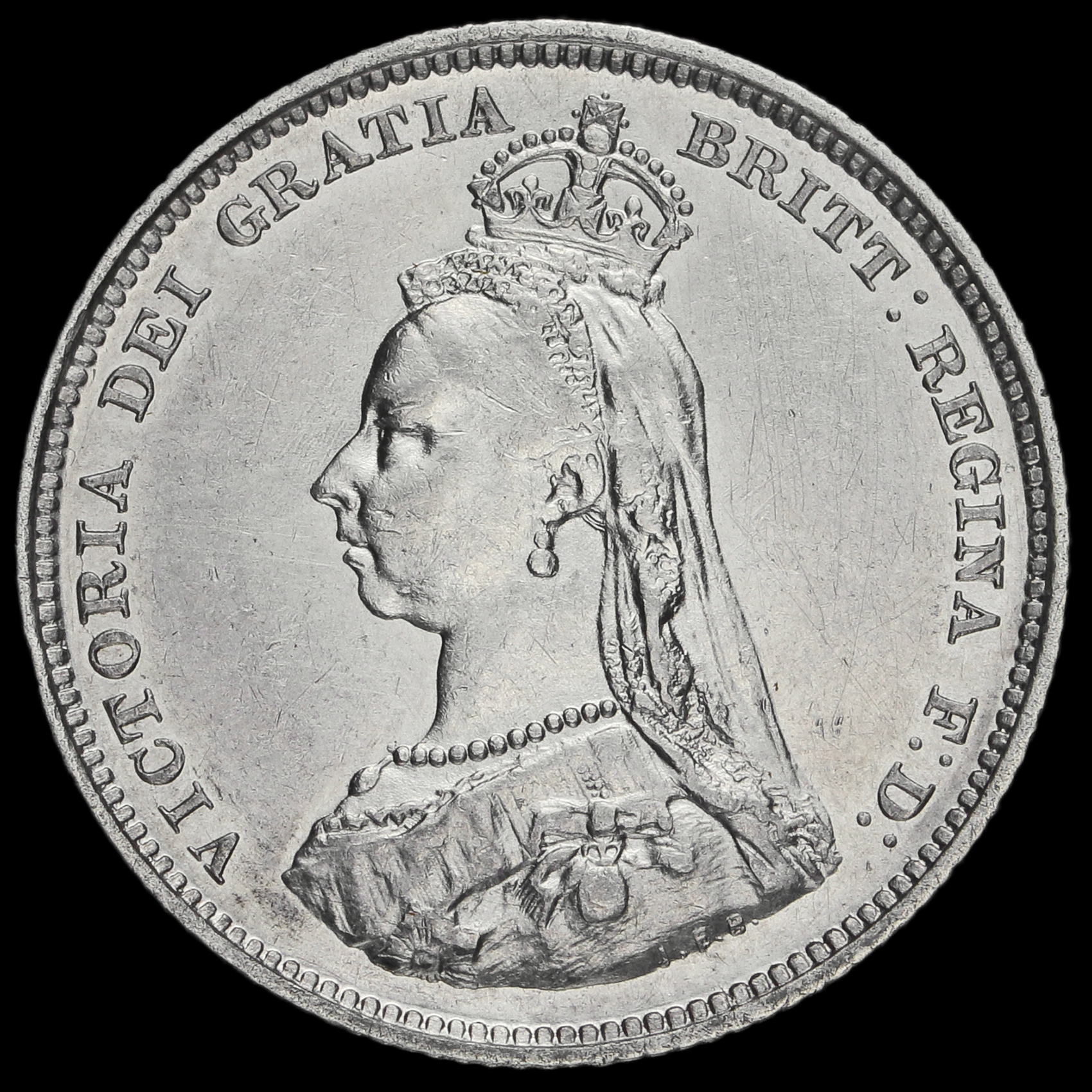 1888 Queen Victoria Silver Shilling (8 over 7) Scarce, Near EF