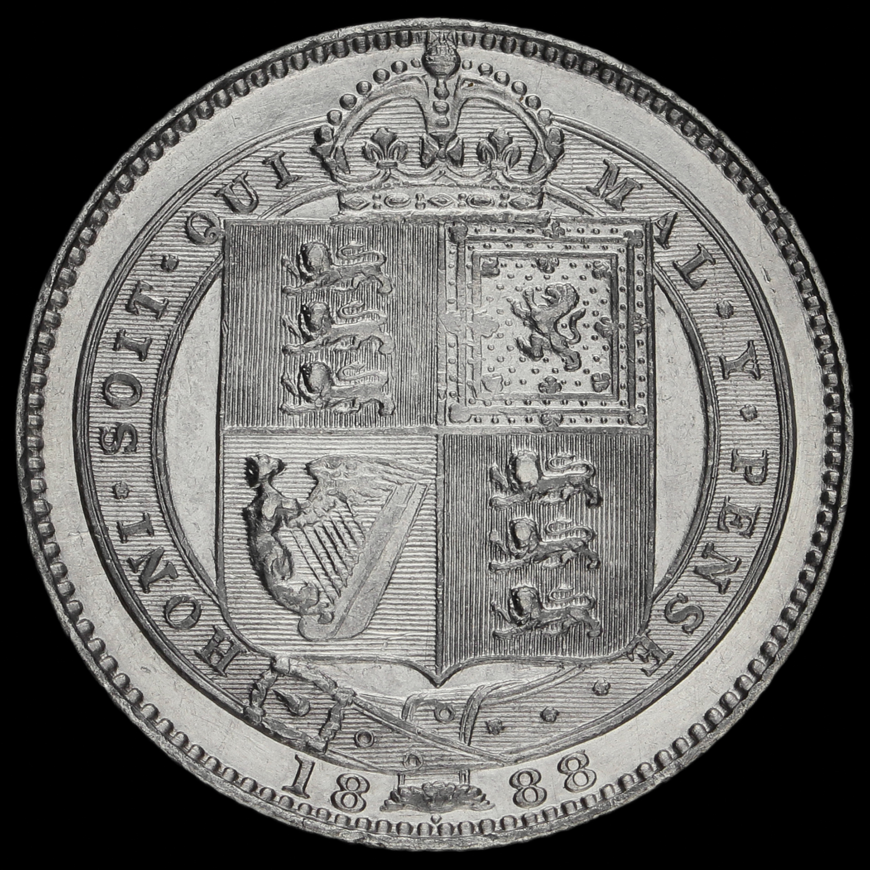 1888 Queen Victoria Silver Shilling (8 over 7) Scarce, Near EF